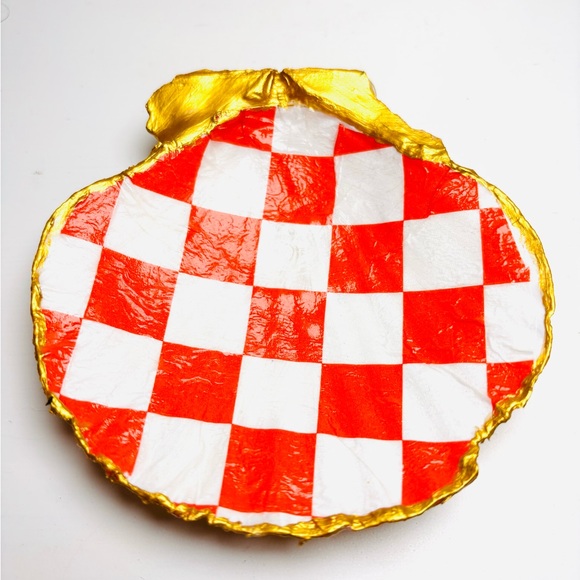Hand Crafted | Jewelry | Handcrafted Shell Ring Dish With Red White Checker Decoupage Design ...